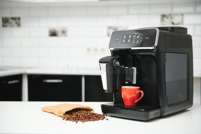 Modern Coffee Machine on Table in Kitchen Stock Photo - Image of ...