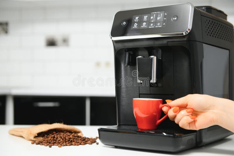 Modern Coffee Machine on Table in Kitchen Stock Photo - Image of house ...