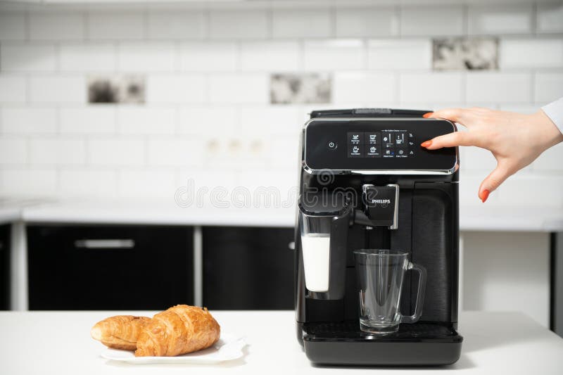 Modern Coffee Machine on Table in Kitchen Stock Photo - Image of cafe ...