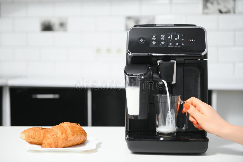 Modern Coffee Machine on Table in Kitchen Stock Photo - Image of aroma ...