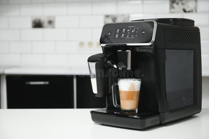Modern Coffee Machine on Table in Kitchen Stock Image - Image of drink ...