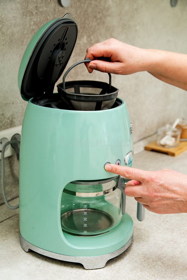 Modern Coffee Maker with Buttons. Retro Design in Steel with a Finger ...