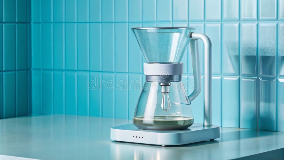 Modern Coffee Maker on a Countertop with a Blue Tiled Backdrop Stock ...