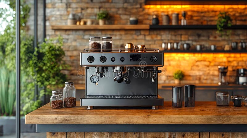 A Modern Coffee Maker Machine Sits on a Wooden Countertop in a Cozy ...