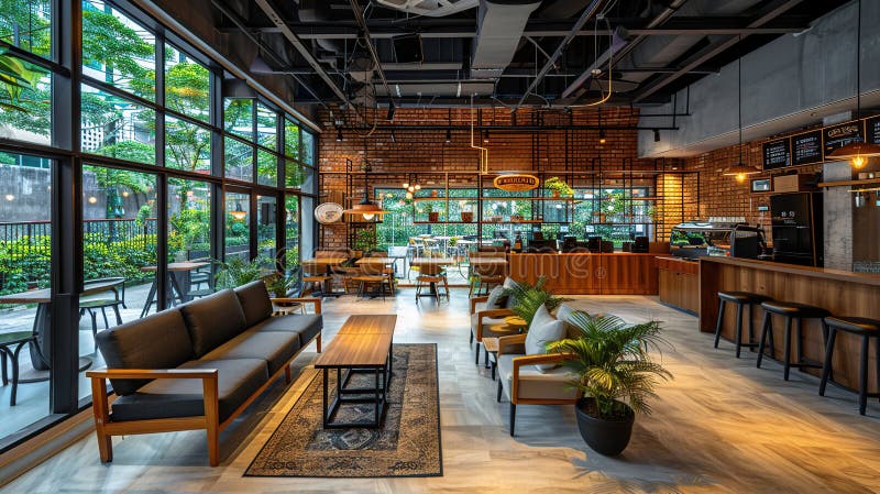 Modern Coffee Shop Interior with Brick Wall and Greenery Stock ...
