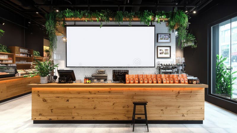Modern Coffee Shop Interior Design with Wooden Counter, Greenery, and ...