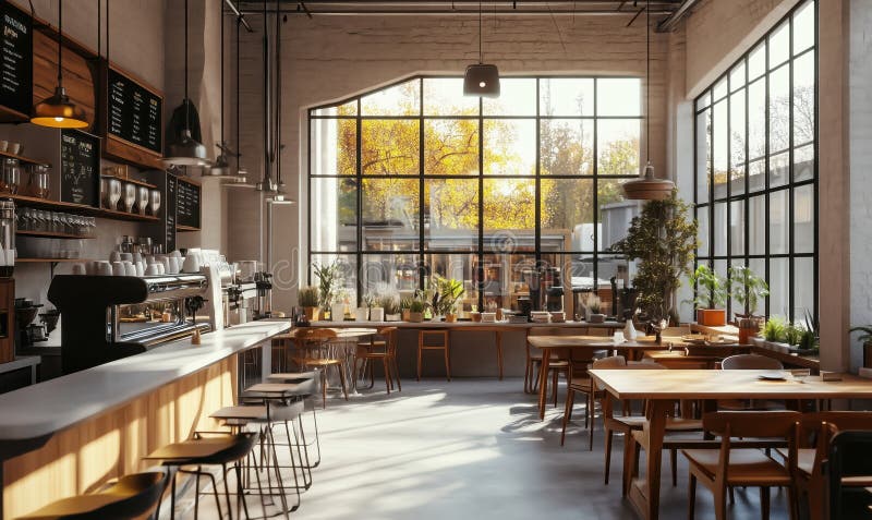 Modern Coffee Shop Interior with Large Windows, Natural Light, and ...