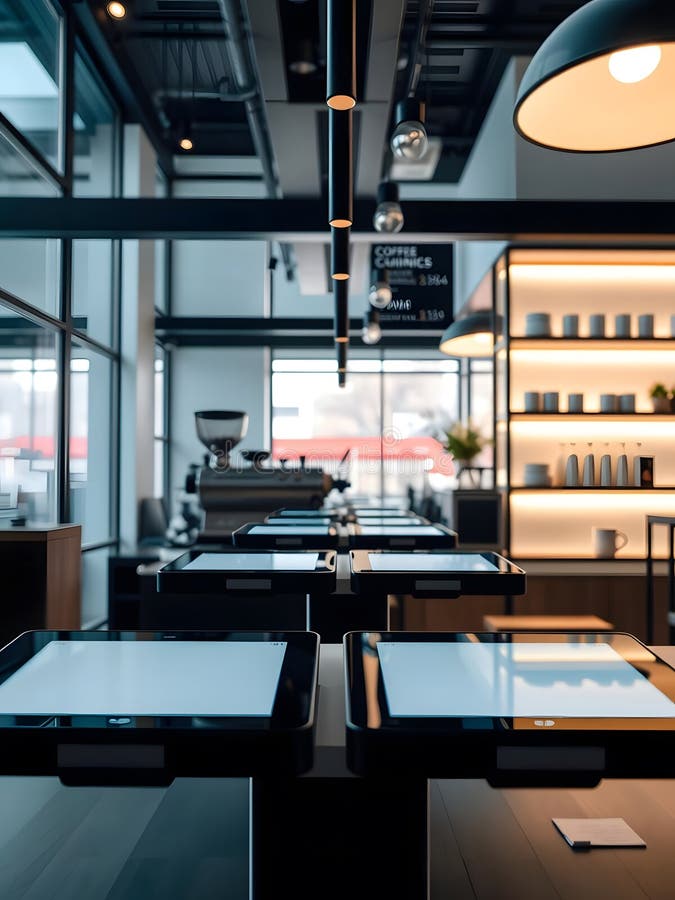 Modern Coffee Shop Interior with Sleek Digital Tablets and a Minimalist ...