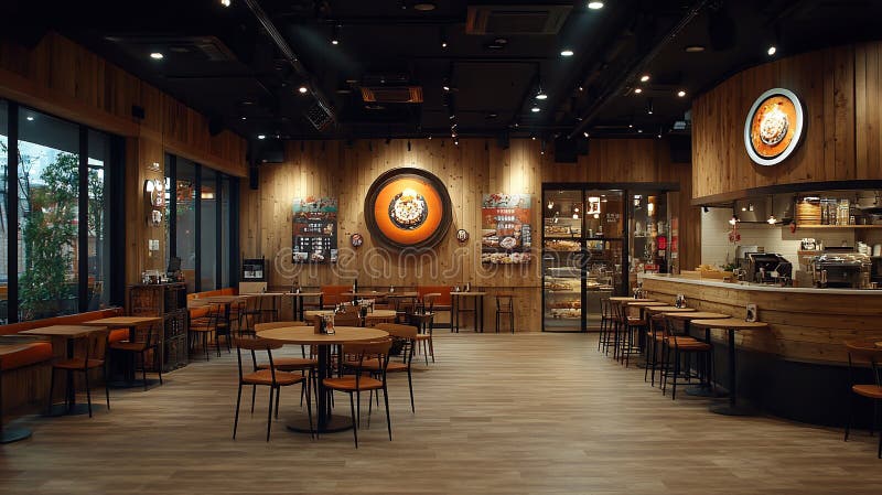 Modern Coffee Shop Interior with Warm Wood Tones and Comfortable ...