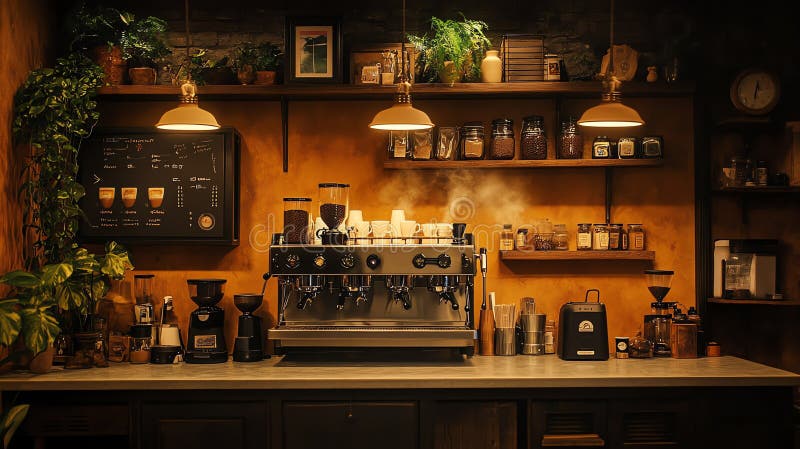 A Modern Coffee Shop with a Sleek Espresso Machine, Warm Lighting, and ...