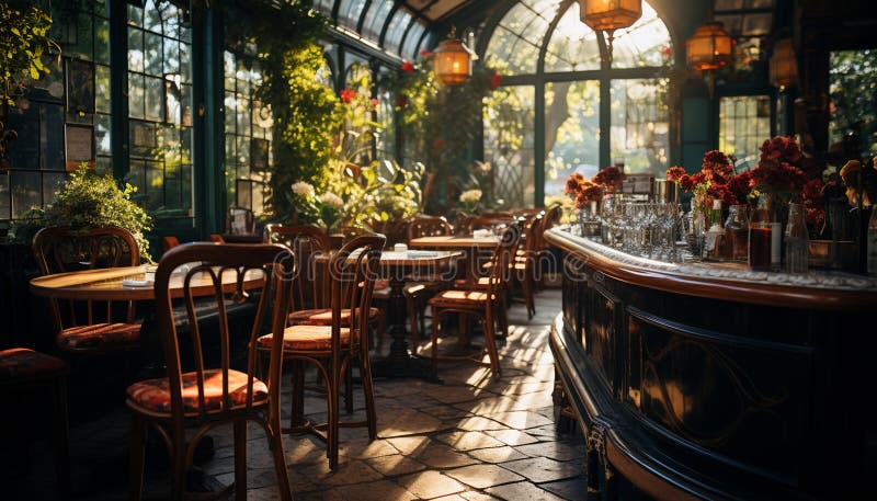 Modern Coffee Shop with Wooden Chairs, Flowers, and Illuminated Windows ...