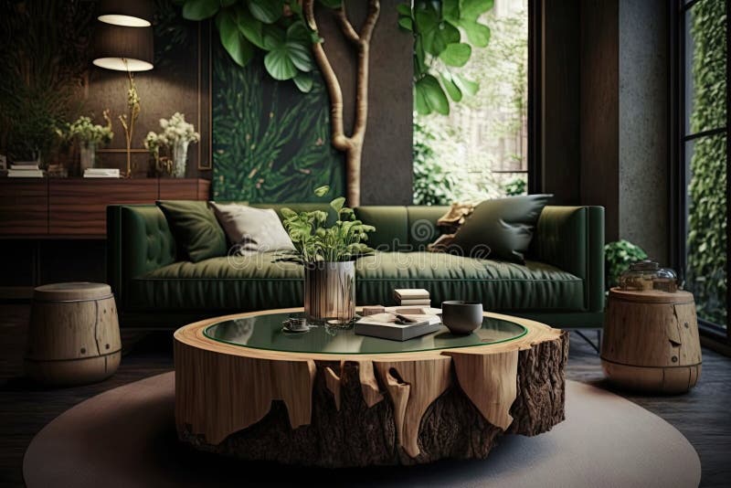 Modern Coffee Table with Round Tropical Tree Trunk in Middle Interior ...