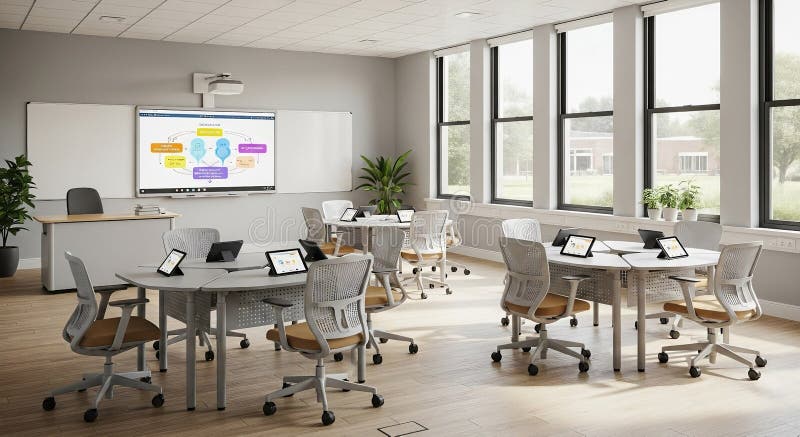 Modern Collaborative Classroom with Tables, Chairs, and Digital ...