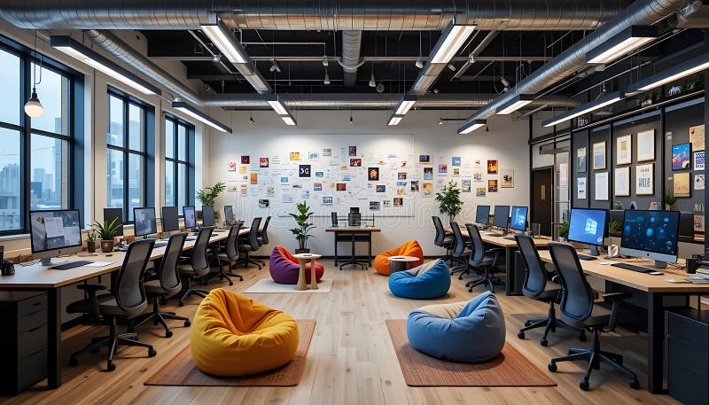 Modern Collaborative Workspace with Colorful Beanbag Chairs Stock ...