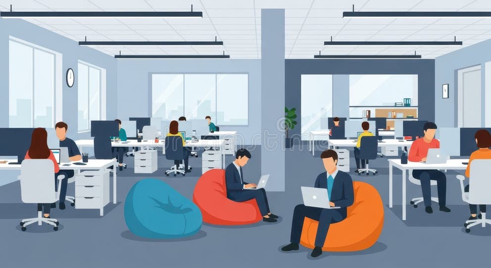 Modern Collaborative Workspace with Diverse Individuals Engaged in Work and Relaxation Stock ...