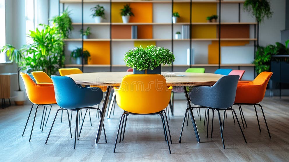 Modern Collaborative Workspace Featuring an Oval Table, Colorful Chairs ...