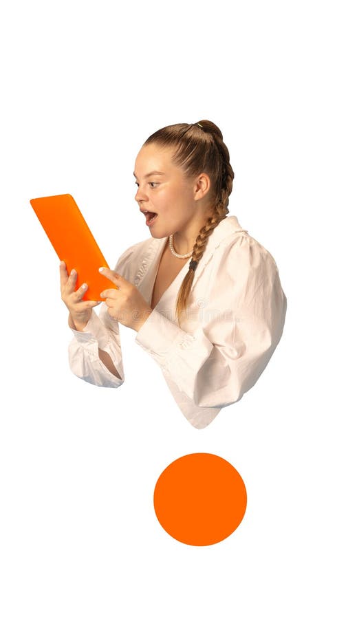 Modern Collage Artwork. Excited Girl Using Tablet Inside Orange Period ...
