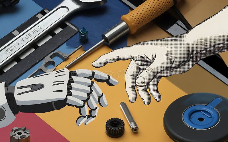 Modern Collage with Halftone Human Hand Touching Robots Hand Stock ...
