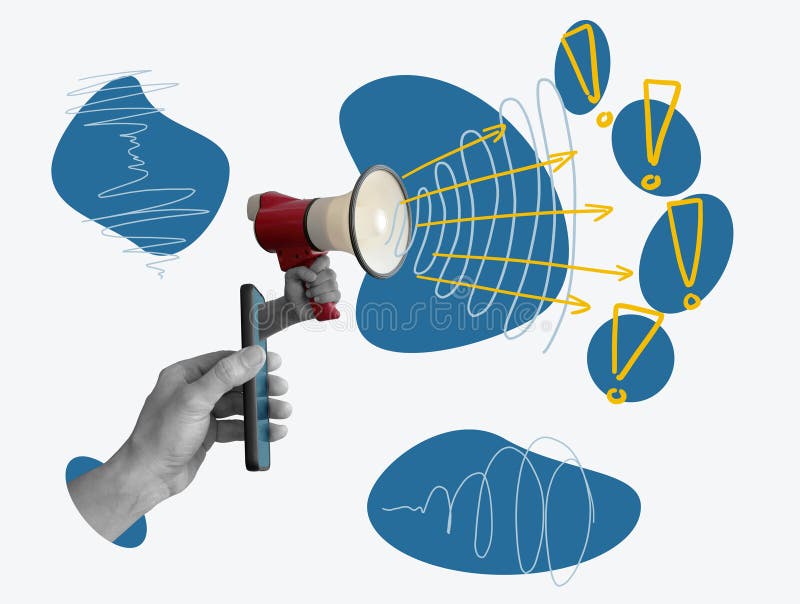 Modern Collage with a Hand Holding a Smartphone and a Megaphone As a ...