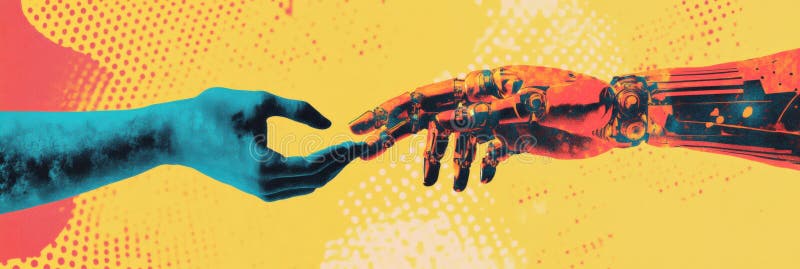 Modern Collage Illustrating a Human Hand Reaching for a Robot Hand ...