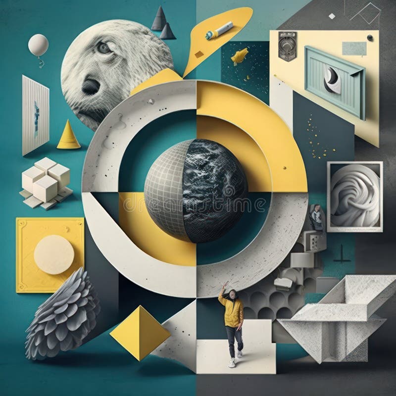 Modern Collage of Modern Pop Art Style with Geometric Shapes, Planets ...