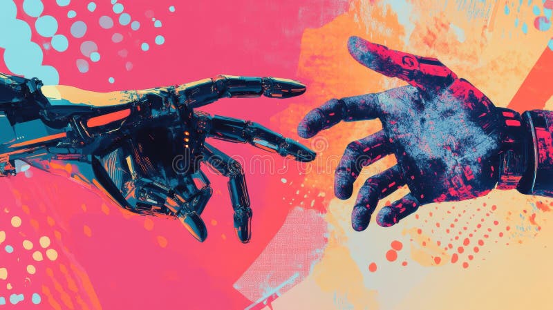 Modern Collage Presenting Human Hand Reaching Out To Robotic Hand ...