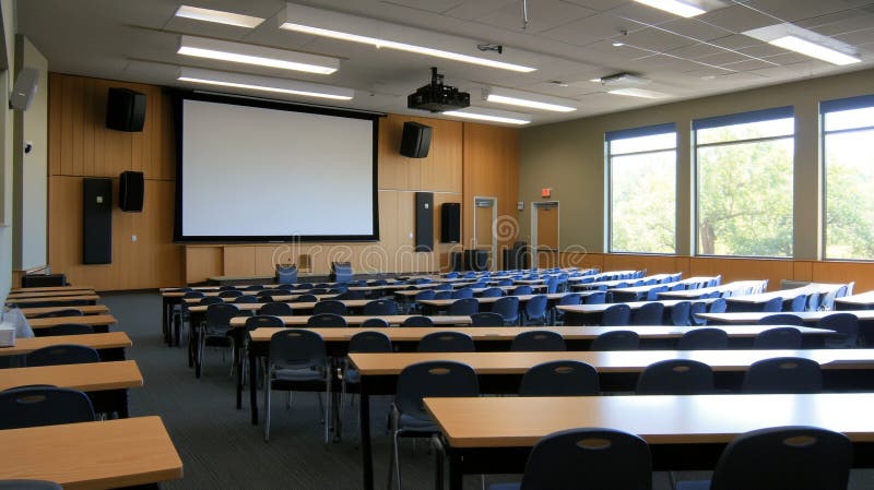 Modern Lecture Hall with Large Curved Screen Display Stock Illustration ...