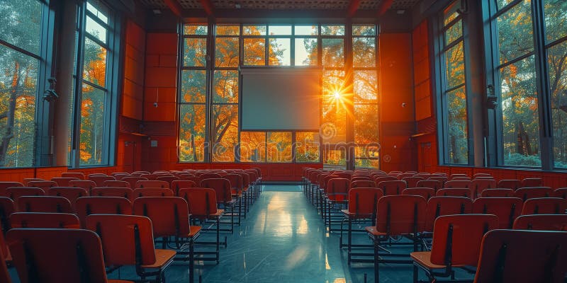 A Modern College Lecture Hall with Empty Red Chairs and a Large ...