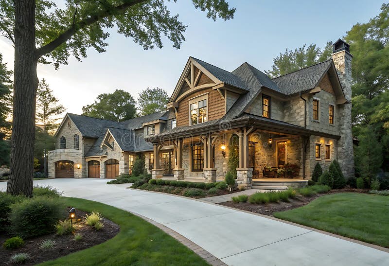Modern Colonial Style House with Garage and Landscaped Front Yard Stock ...
