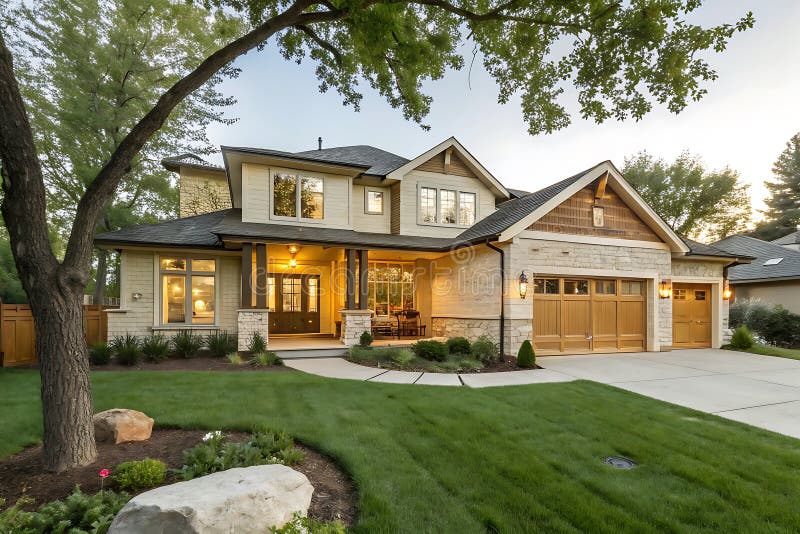 Modern Colonial Style House with Garage and Landscaped Front Yard Stock ...