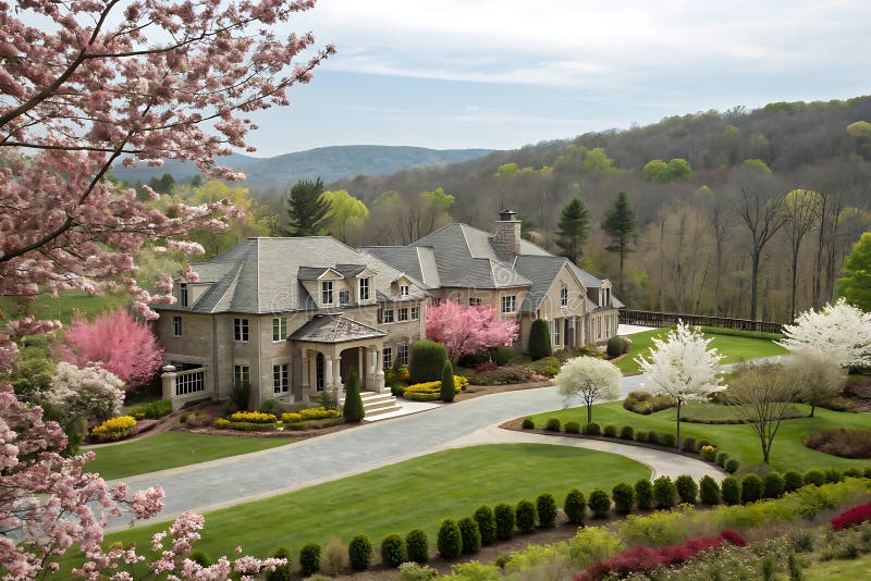 Modern Colonial Style House with Garage and Landscaped Front Yard Stock ...
