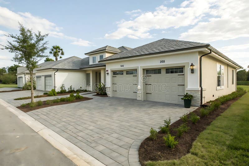 Modern Colonial Style House with Garage and Landscaped Front Yard Stock ...