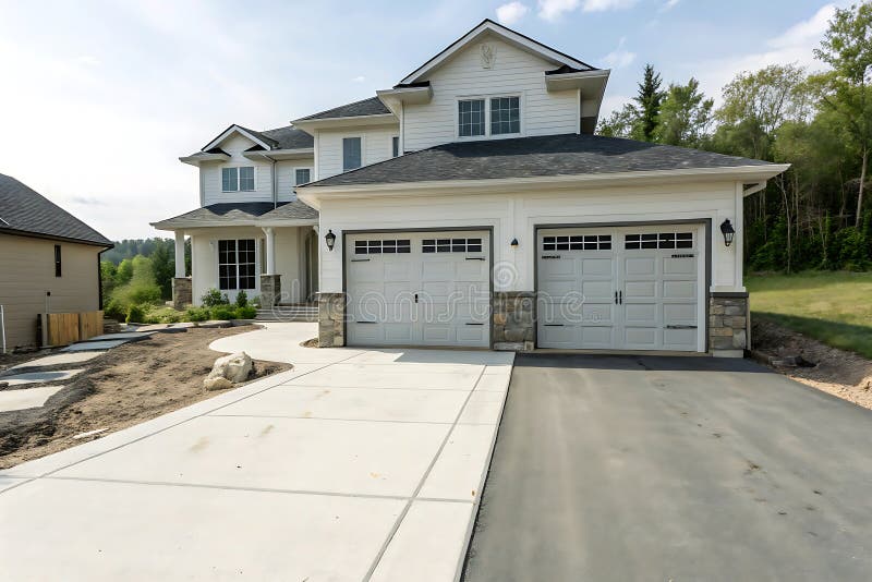 Modern Colonial Style House with Garage and Landscaped Front Yard Stock ...