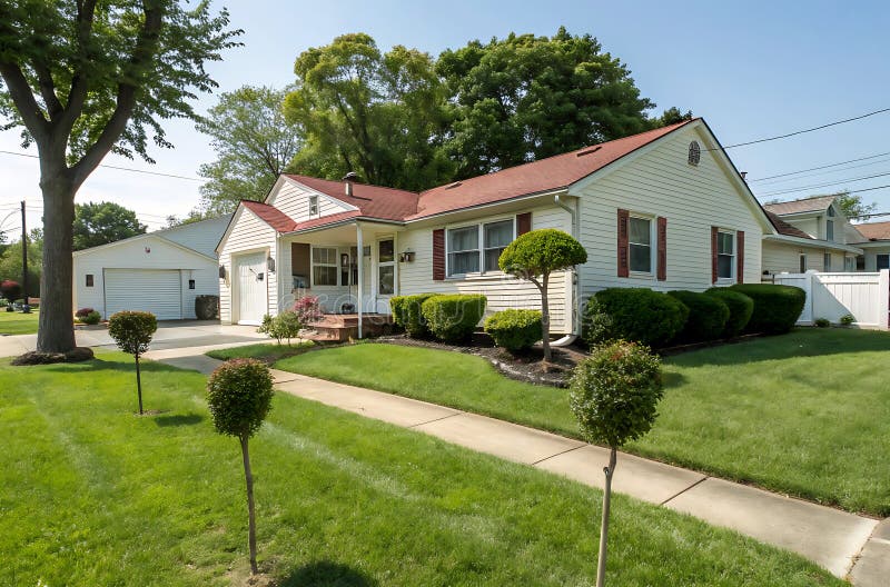 Modern Colonial Style House with Garage and Landscaped Front Yard Stock ...