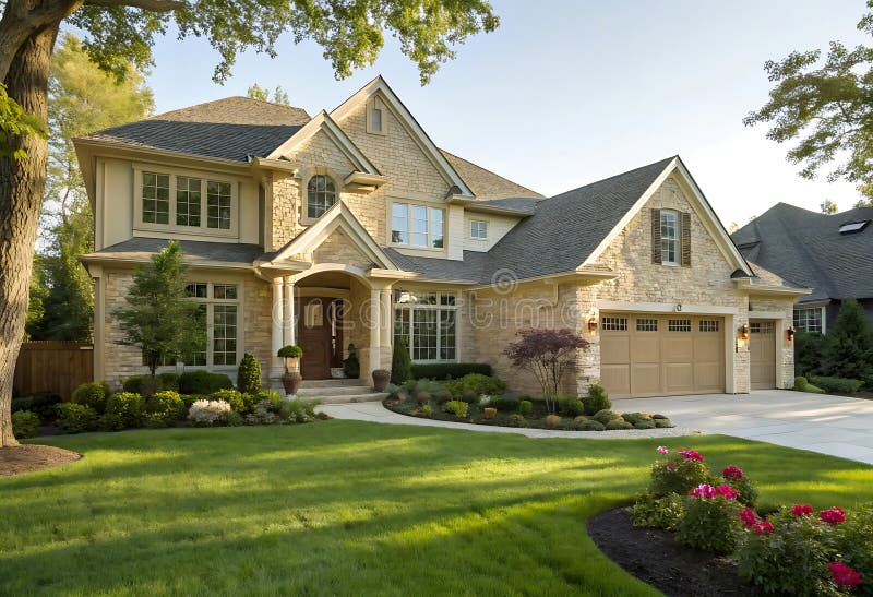Modern Colonial Style House with Garage and Landscaped Front Yard Stock ...