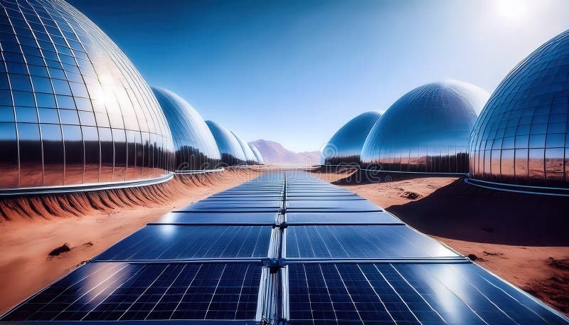 Futuristic Colony on Another Planet with Massive Solar Panels and Domed ...
