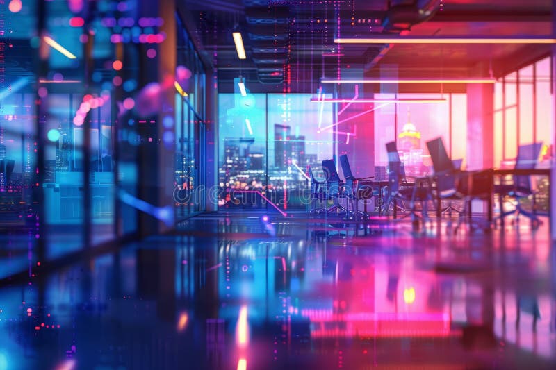 Modern Color Neon Cyberpunk Open Space Office Interior with Information ...