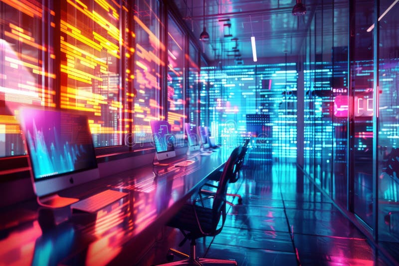 Modern Color Neon Cyberpunk Open Space Office Interior with Information ...