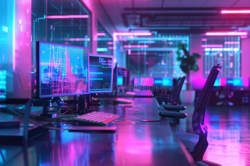 Modern Color Neon Cyberpunk Open Space Office Interior with Information ...