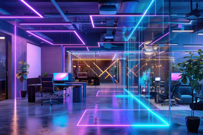 Modern Color Neon Cyberpunk Open Space Office Interior with Information ...