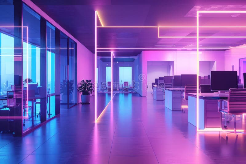 Modern Color Neon Cyberpunk Open Space Office Interior with Information ...
