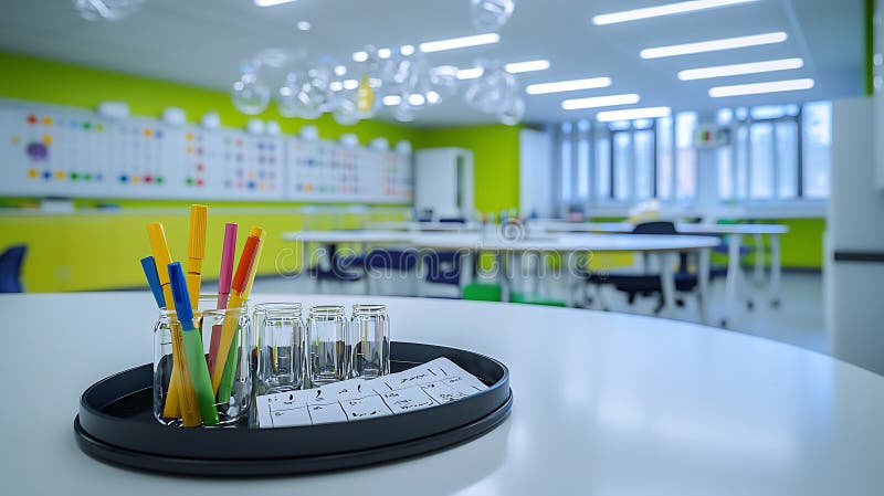 Bright Colorful Preschool Classroom Learning Materials Students Desks ...
