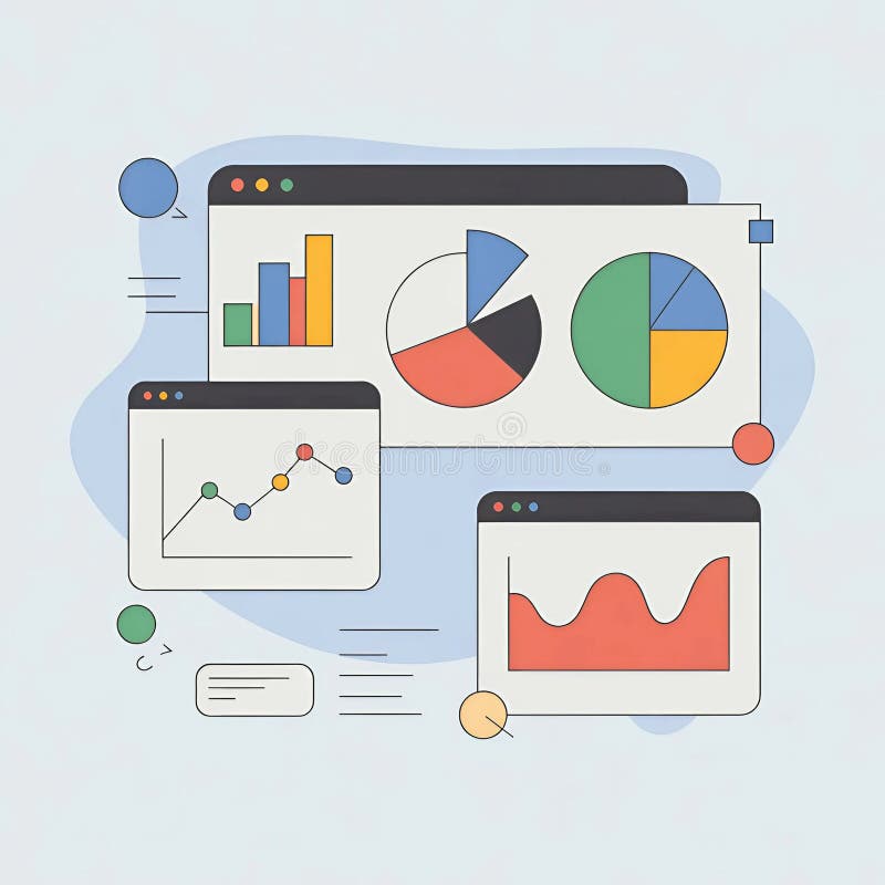 Modern Colorful Data Charts and Graphs on Web Browser Interfaces Stock Illustration ...