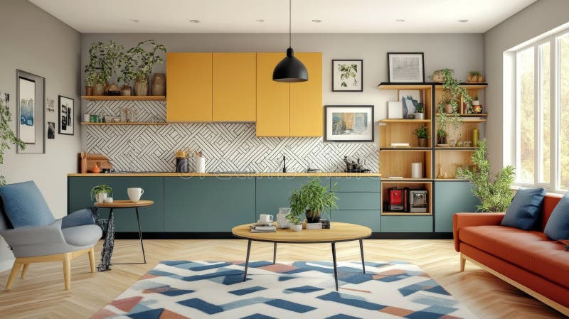 Modern, Colorful Open Plan Studio Apartment with Kitchen, Living Room ...