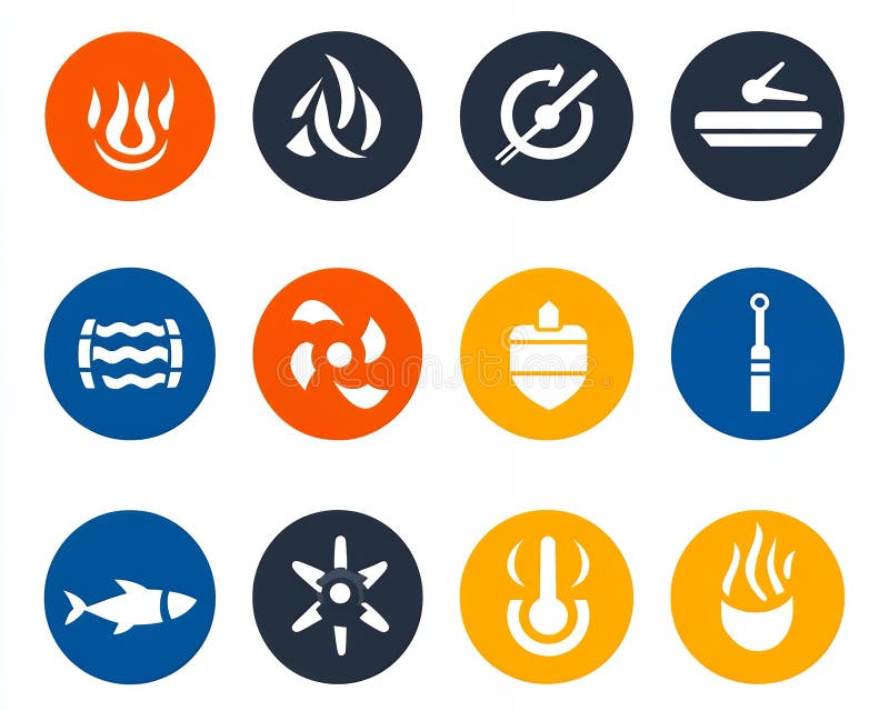 Modern Colorful Round Icons Set Design Elements Graphic Pack Fire Wind Fish Heat Cool Flat Stock ...