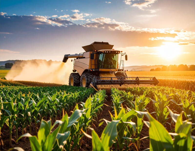 A Modern Combine Harvester Works Efficiently Under the Dramatic Sunset ...