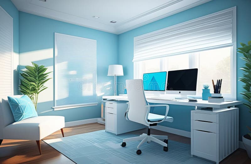 A Modern, Comfortable Home Office with a Desk and a Computer in a Light ...