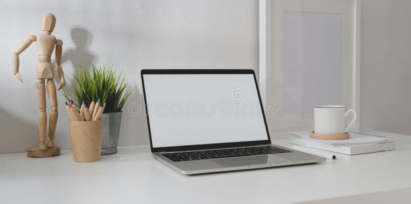 Modern Comfortable Workplace with Open Blank Screen Laptop Computer ...