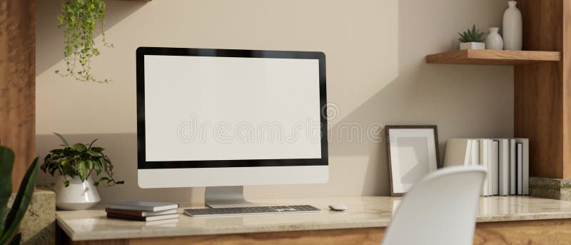Modern and Comfortable Workspace with White Pc Desktop Computer Mockup ...