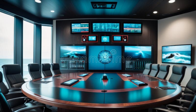 Modern Command Center Meeting Room with Ocean View Stock Photo - Image ...